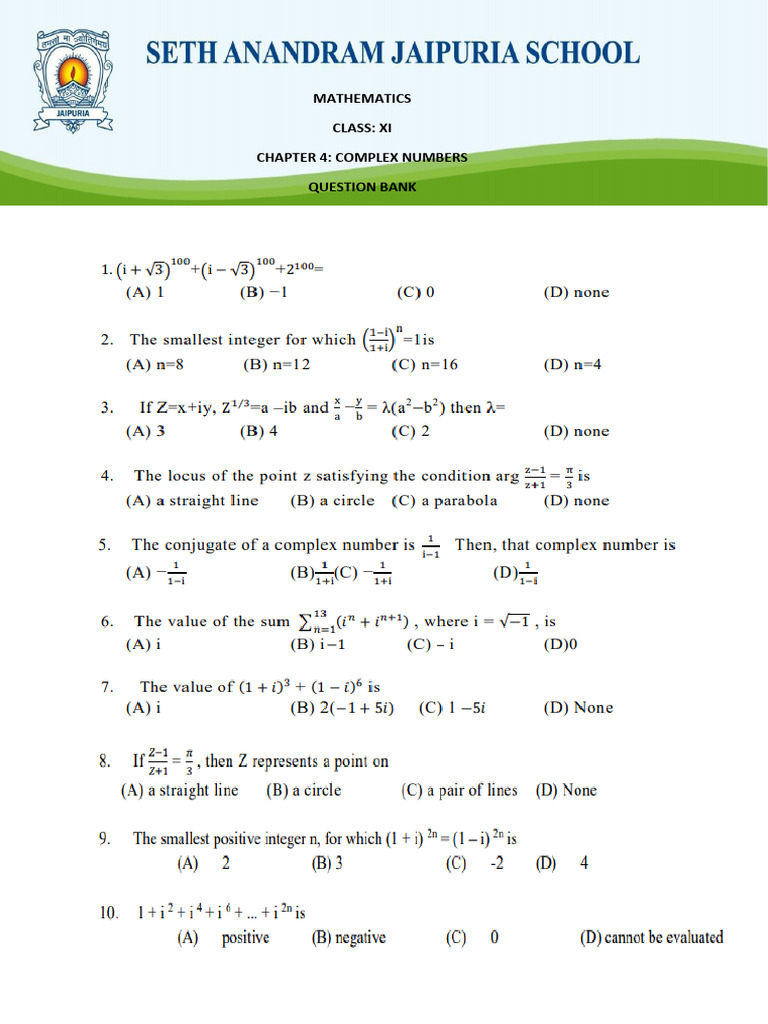 Question Bank - Xi - Complex Numbers | PDF