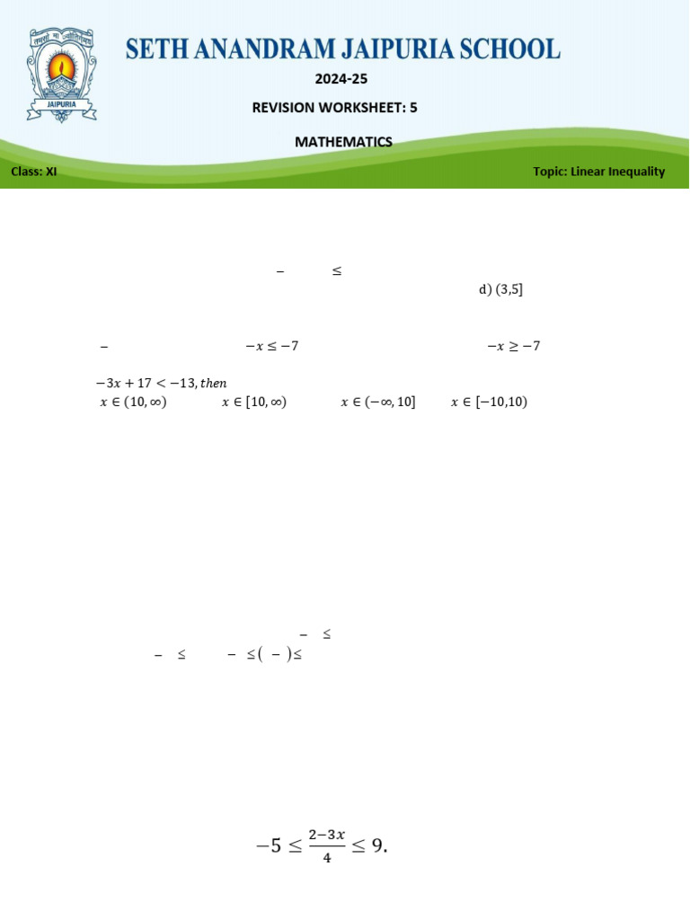 Class XI Linear Inequalities Worksheet | PDF | Inequality (Mathematics ...