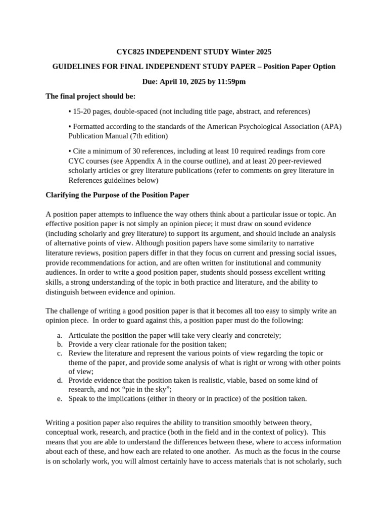 CYC825_801I_Guidelines for final project_position paper | PDF | Apa ...