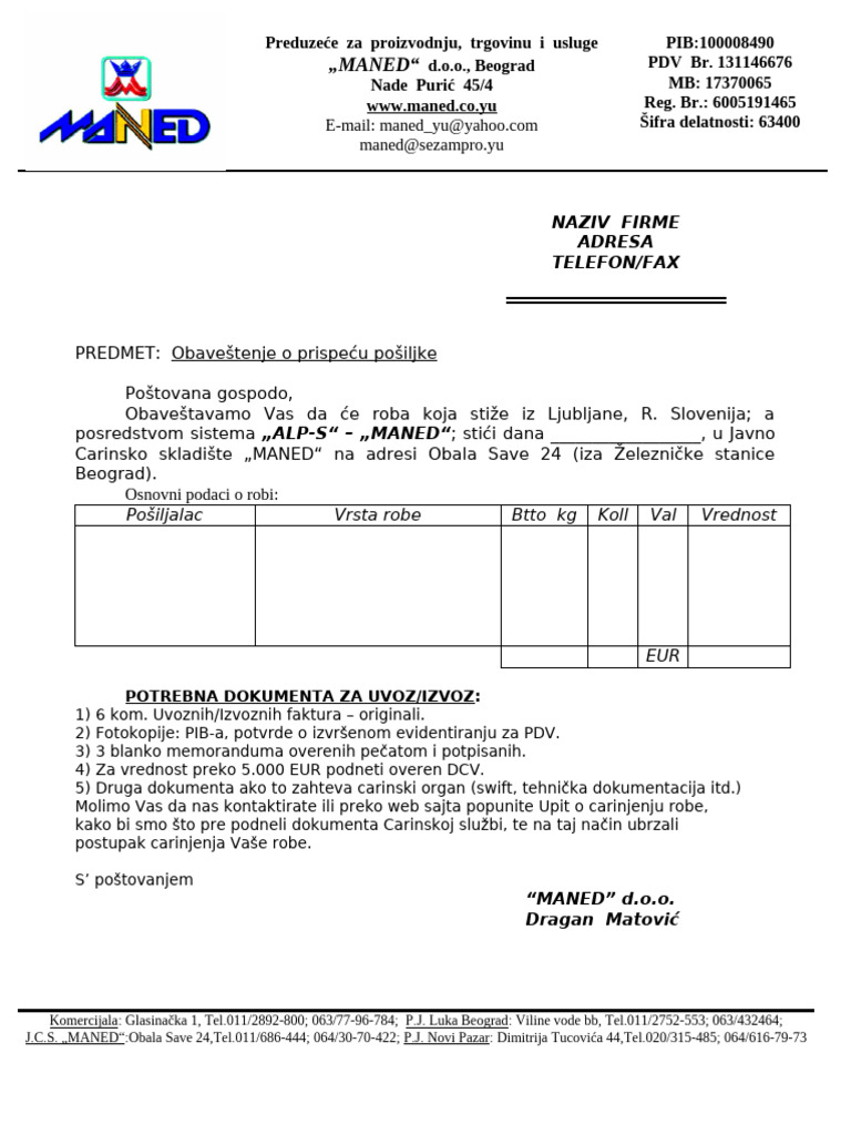 Obavestenje o Prispecu Posiljke - Strankama | PDF