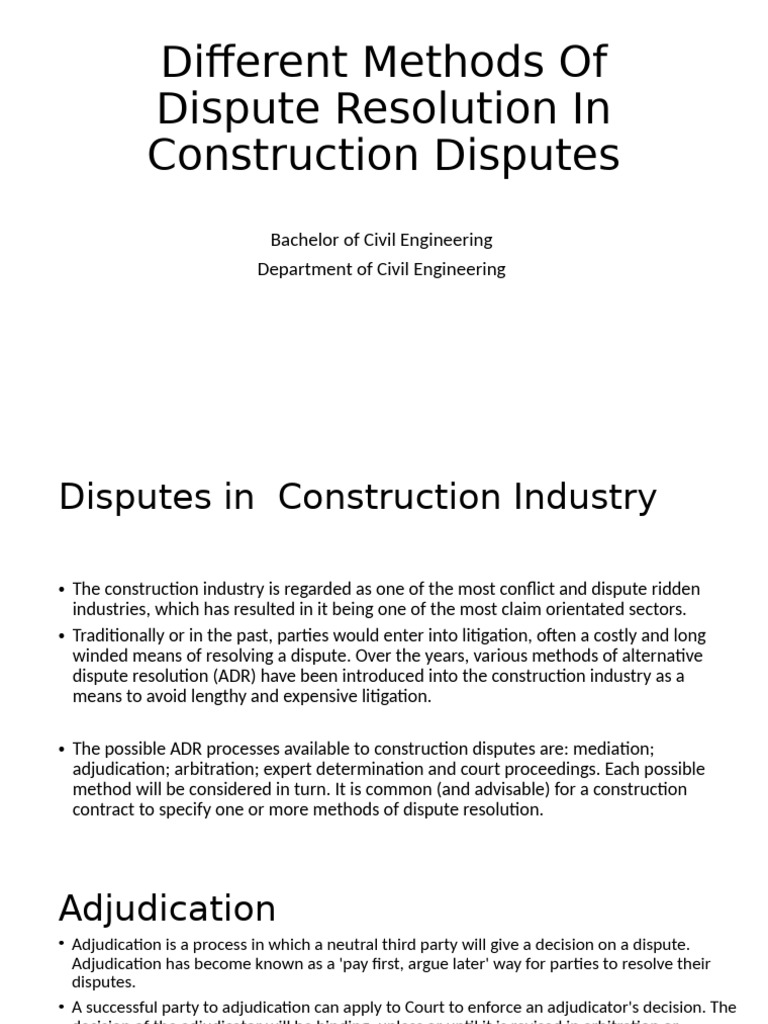 Different Methods of Dispute Resolution in Construction Disputes | PDF ...