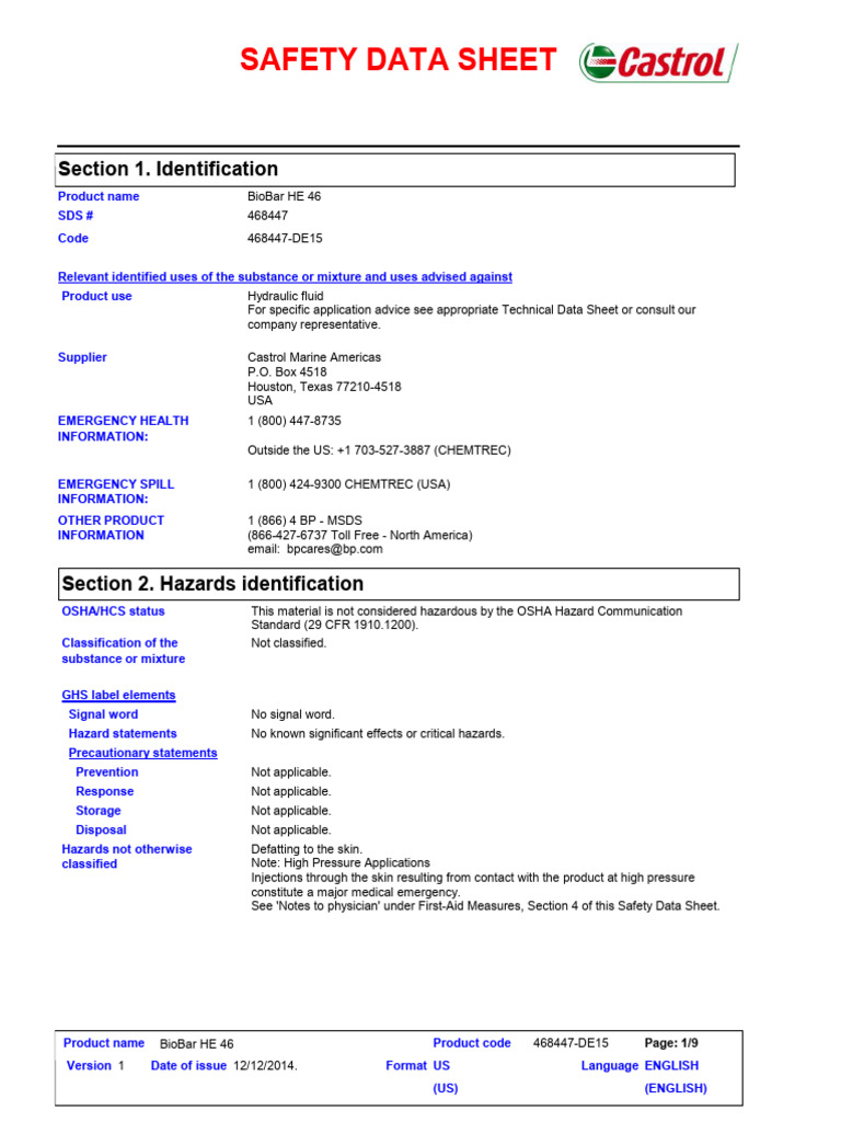 Castrol BioBar HE 46 - English (US) | PDF | Workplace | Working Conditions