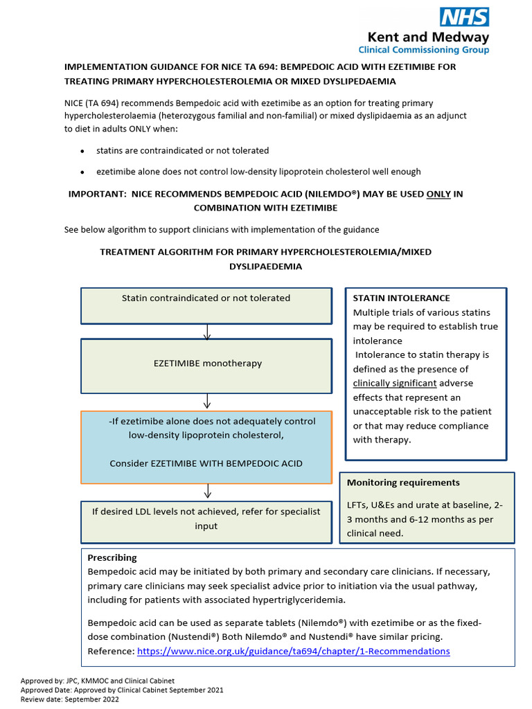 NICE Guidance: Bempedoic Acid & Ezetimibe | PDF | Statin ...