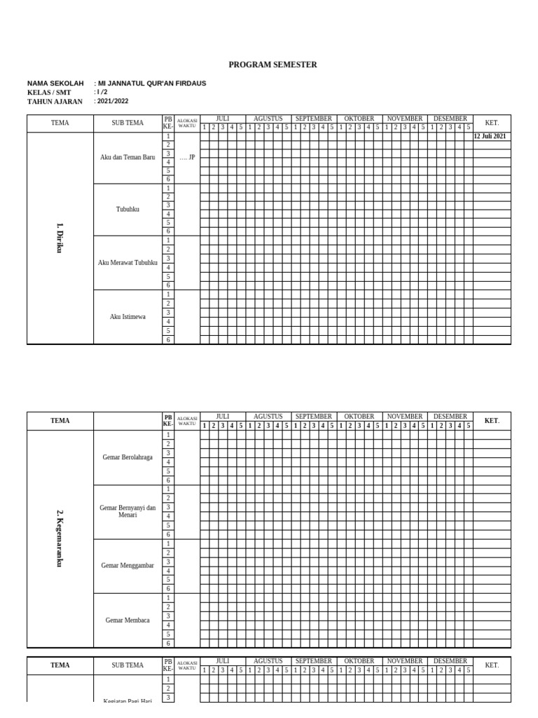 Contoh Promes KLS 1 Semester 1 | PDF