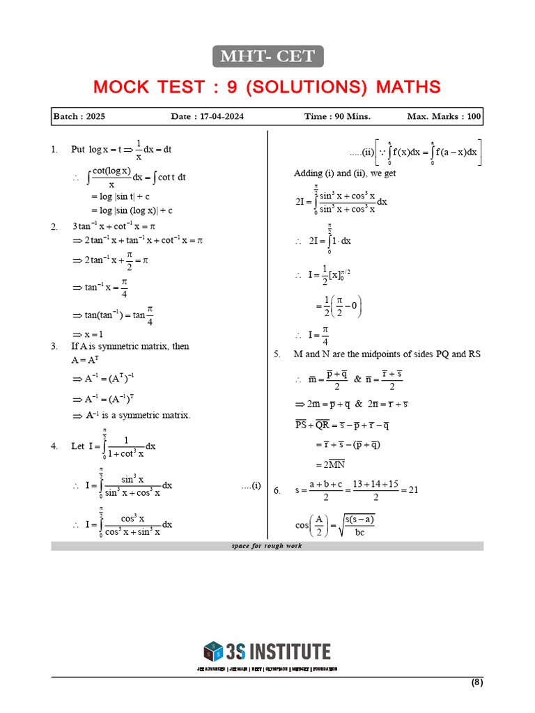 17-04-2025 MHT-CET (MT - 9) (Maths) Solutions | PDF | Euclidean Geometry | Mathematics