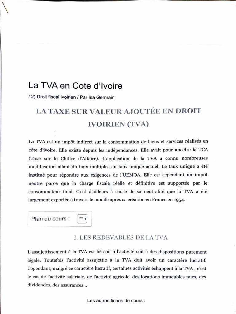 TVA en Côte d'Ivoire : Régimes et Taux | PDF | Taxe sur la valeur ...