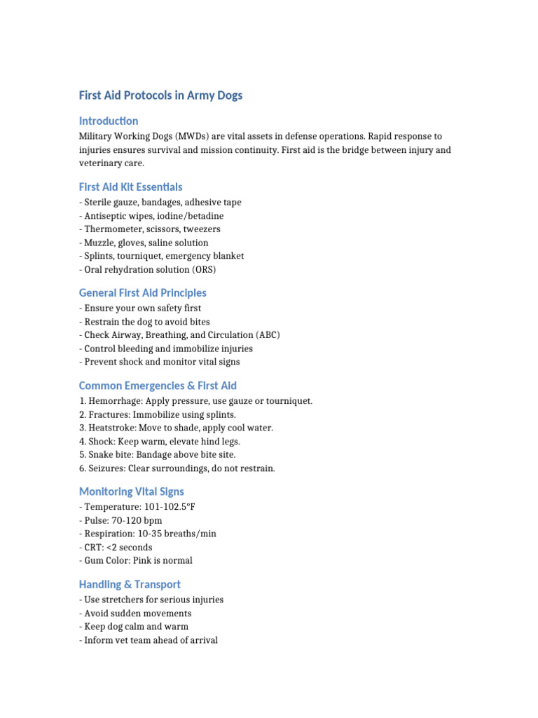 First Aid Protocols in Army Dogs | PDF