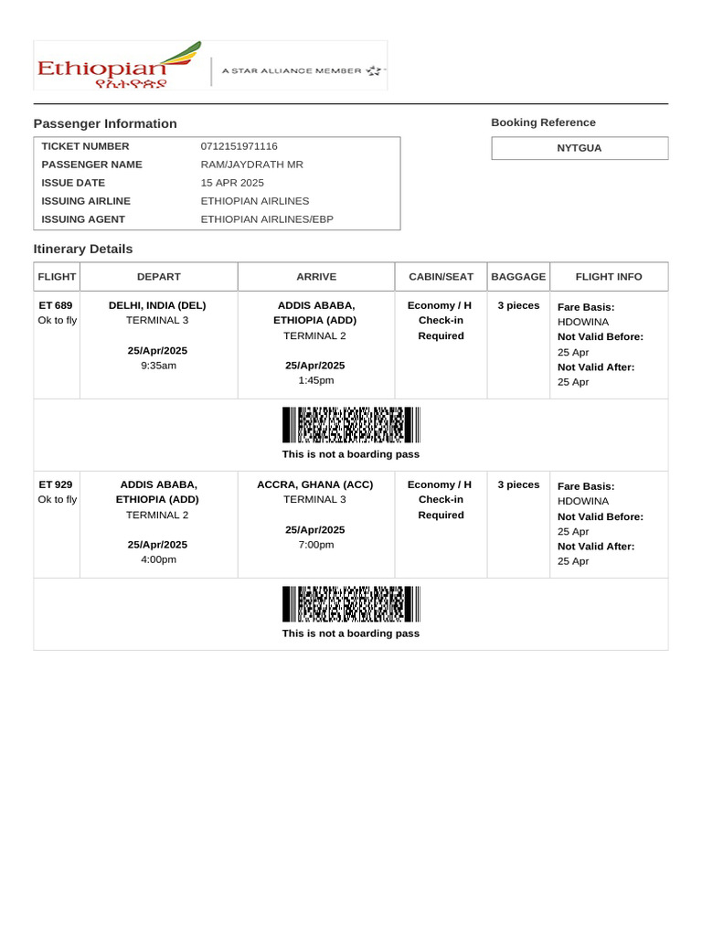 Electronic Ticket Receipt, April 25 for MR JAYDRATH RAM-2 | PDF | Aviation
