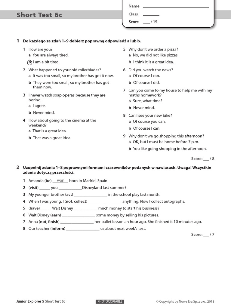 Junior Explorer 5 Unit 6 Short Test | PDF