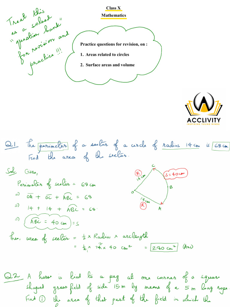 Class 10 - Practice Questions On Areas Related To Circles and Surface ...