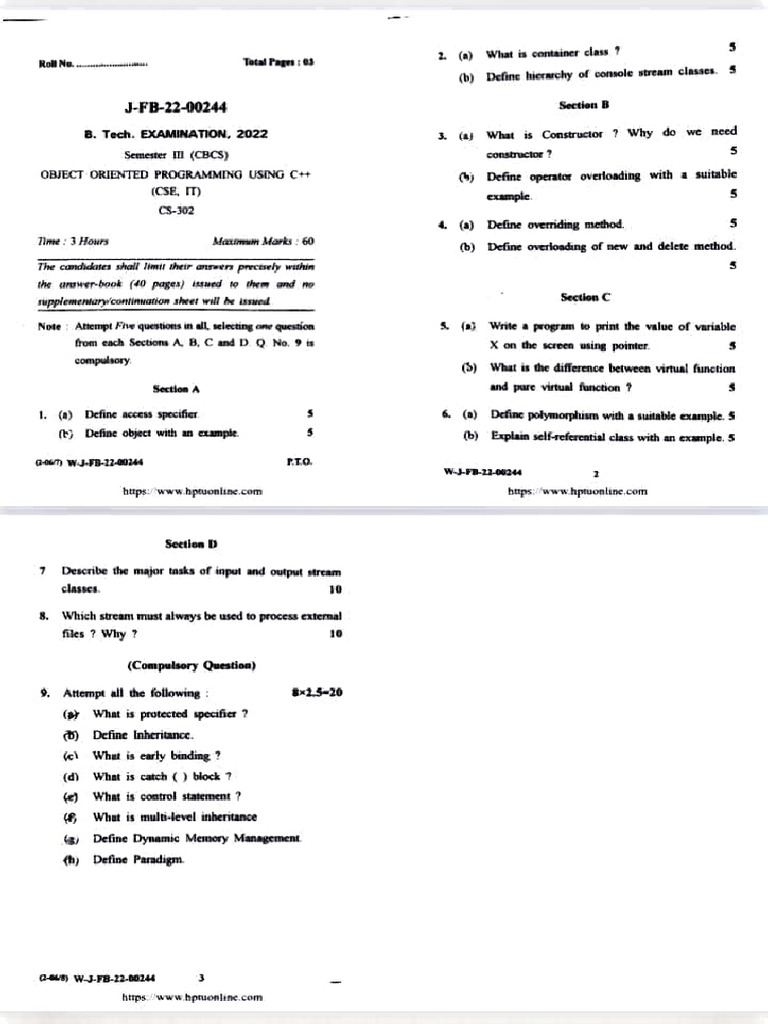 Old Question Papers of OOPs Using C++ | PDF | C++ | Method (Computer ...