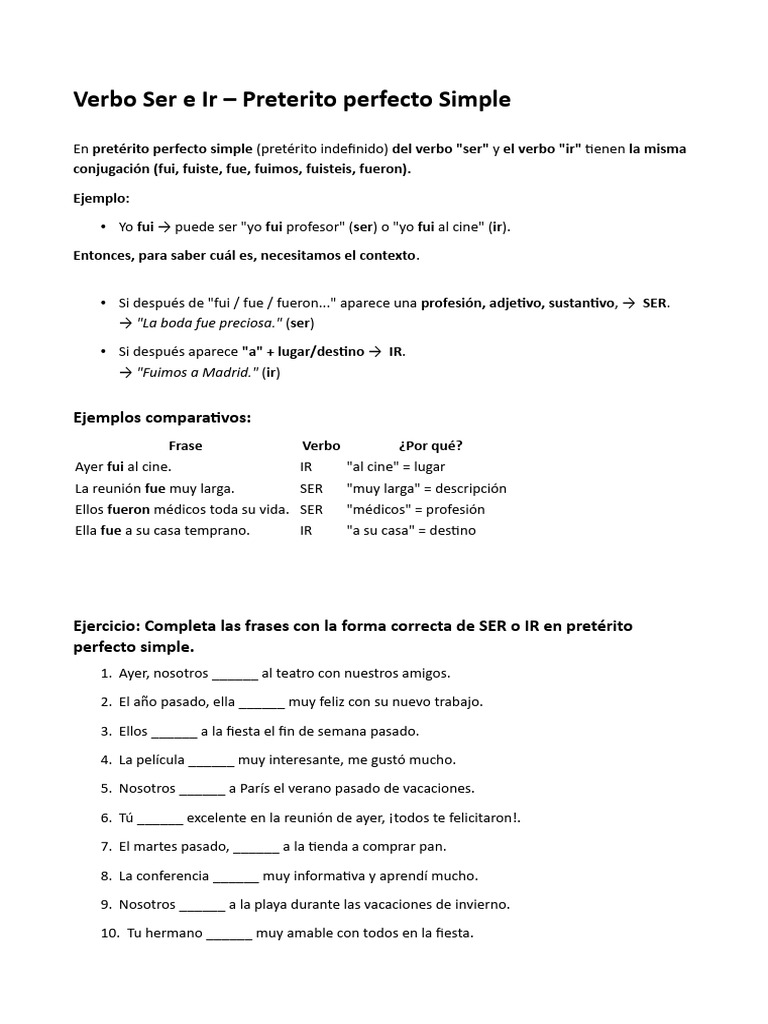 Verbo Ser e Ir - Pretérito Perfecto | PDF