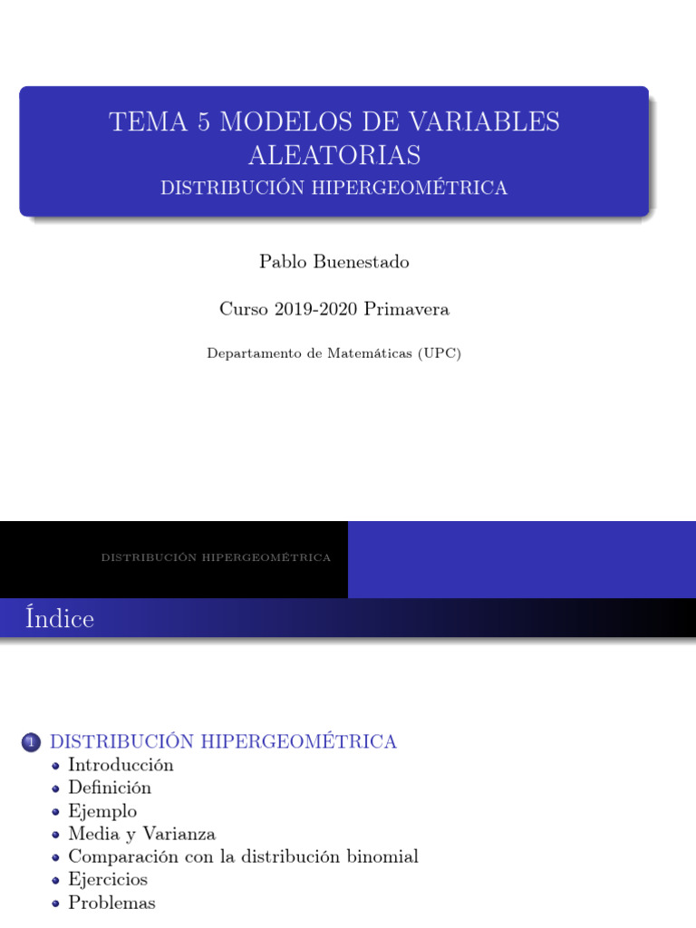 Tema 5 2 Hipergeometrica | PDF | Distribución de probabilidad | Media