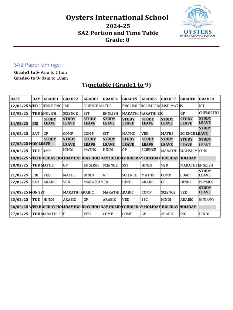 2024-25 Grade 8 SA2 Timetable & Portions | PDF | Inquiry | Science