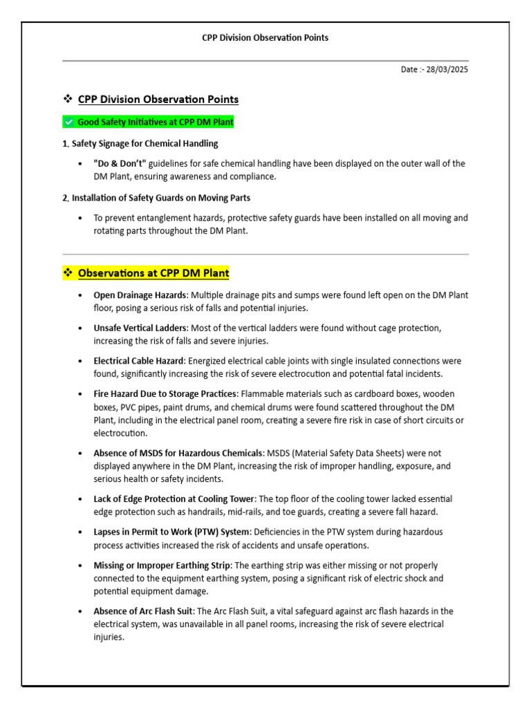 CPP Division Observation Points DT - 28-03-2025 | PDF | Hazards | Safety