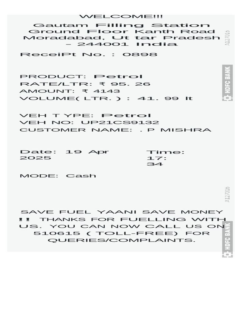 Petrol Receipt - Gautam Filling Station | PDF