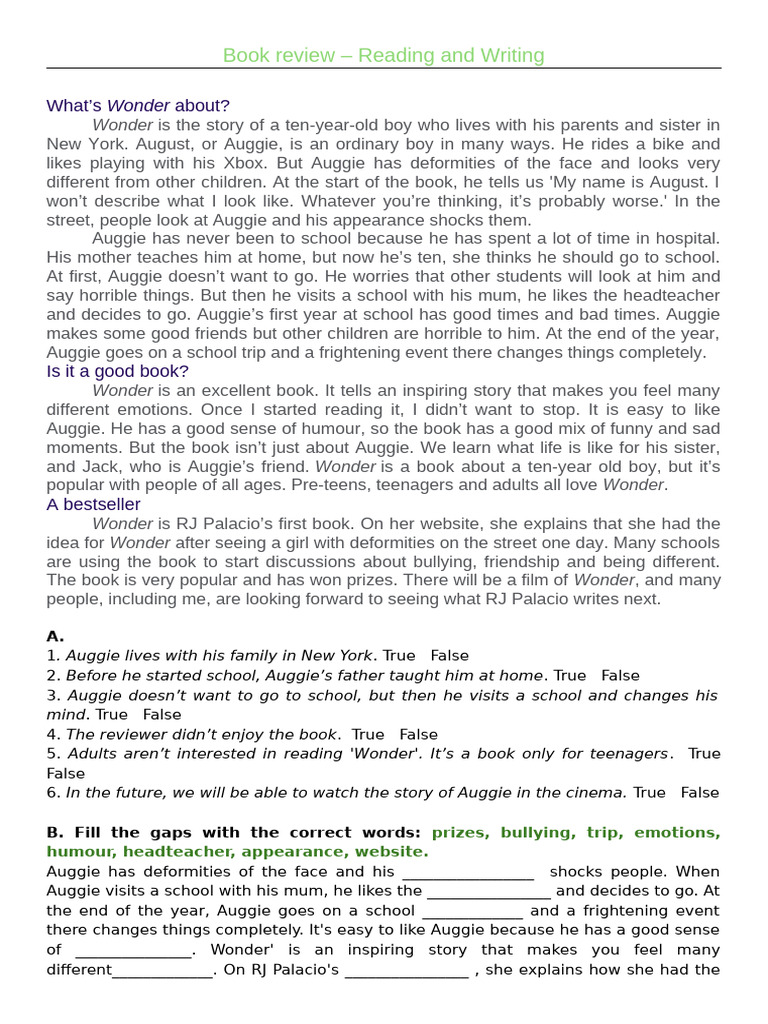 Book Review - A2, Wonder, Palacio | PDF