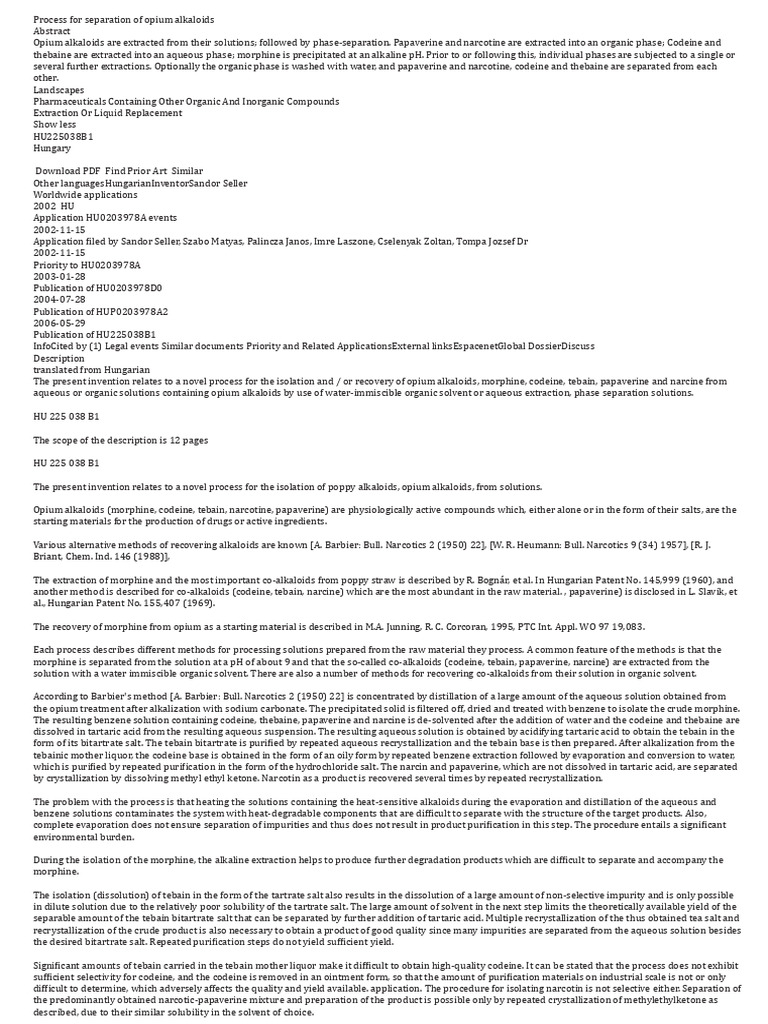 Process for separation of opium alkaloids GREAT | PDF | Alkaloid | Morphine
