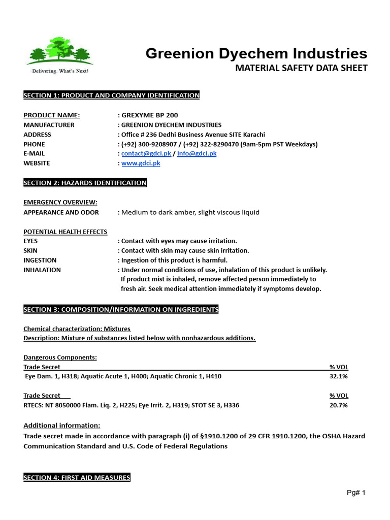 Grexyme BP 200 MSDS | PDF | Personal Protective Equipment | Water