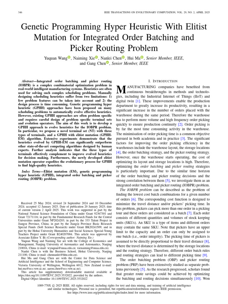 Genetic Programming Hyper Heuristic With Elitist Mutation For Integrated Order Batching and ...