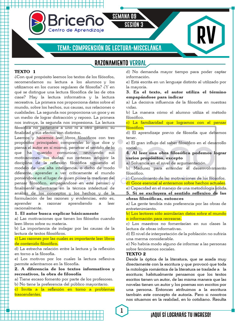 RV ORD S9 S3 Comprensión Lectora IX (RPTA) | PDF | Autor | Núcleo atómico
