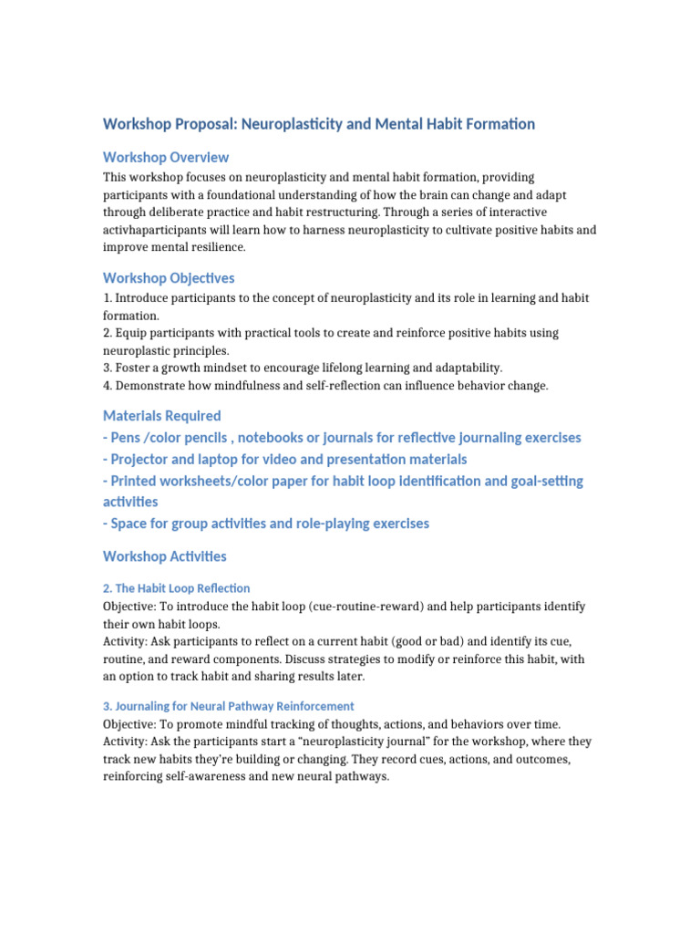 Neuroplasticity Workshop Proposal | PDF | Habits | Learning
