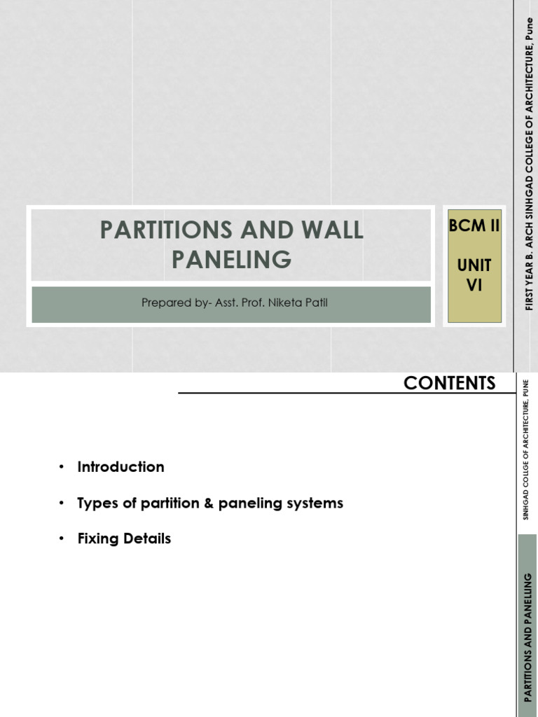 UNIT VI - PARTITIONS & WALL PANELING - Ar. Niketa Patil | PDF | Wall | Drywall