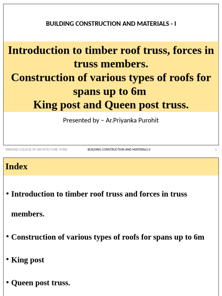BCM II - Module-7 - Unit 5 - Introduction To Timber Roof Truss - Various Types of Roofs - Ar ...
