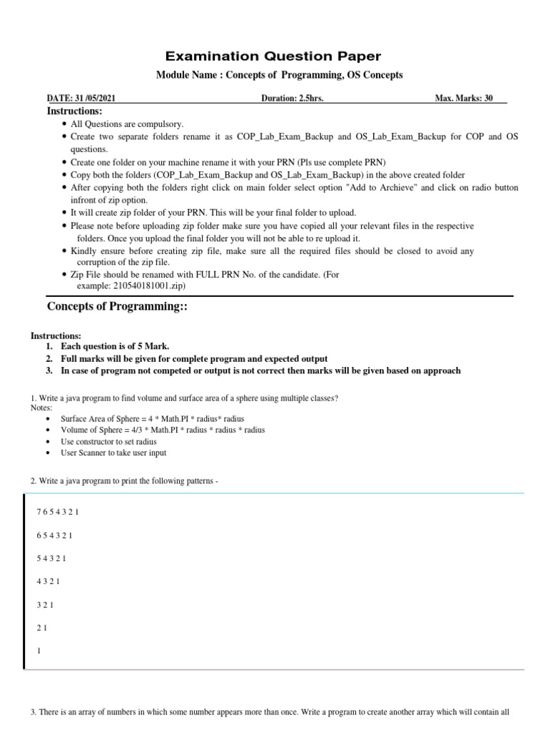 COP - OS - Lab Exam Question Paper | PDF | Zip (File Format) | Computing