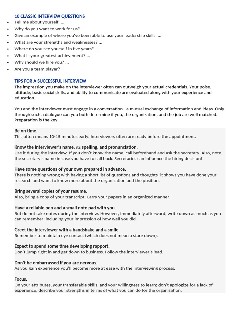 Tips - Classic Questions in An Interview | PDF | Human Communication | Communication