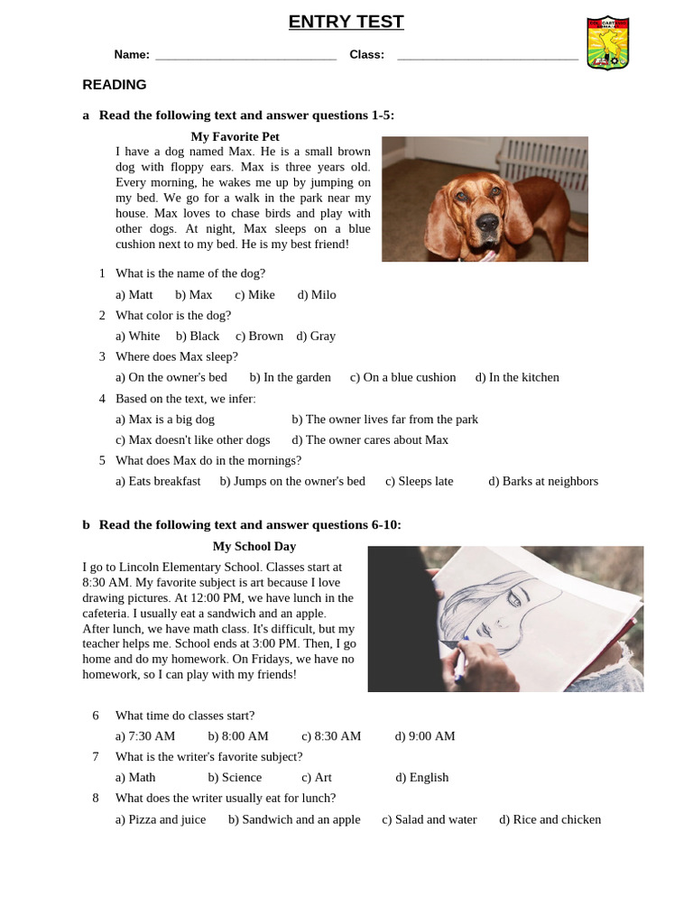 Reading and Writing Entry Test | PDF | Lunch