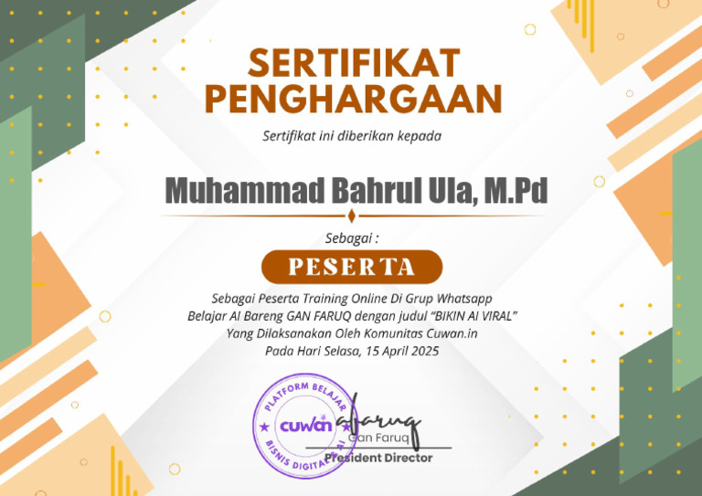 Sertifikat Training Muhammad Bahrul Ula, M.Pd | PDF