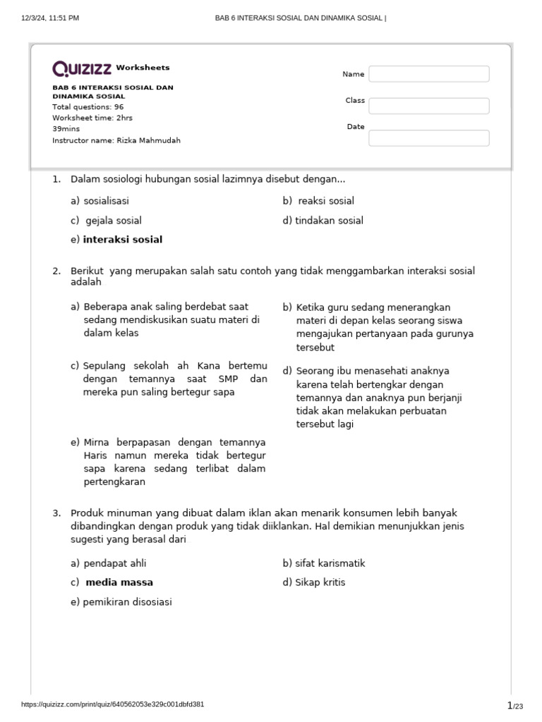 BAB 6 INTERAKSI SOSIAL DAN DINAMIKA SOSIAL - Quizizz | PDF
