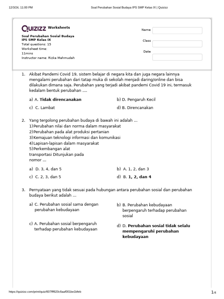 Soal Perubahan Sosial Budaya IPS SMP Kelas IX - Quizizz | PDF