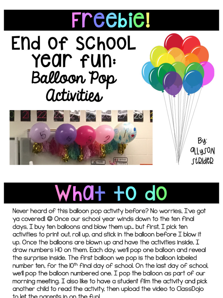End of School Year Fun:: Balloon Pop Activities | PDF