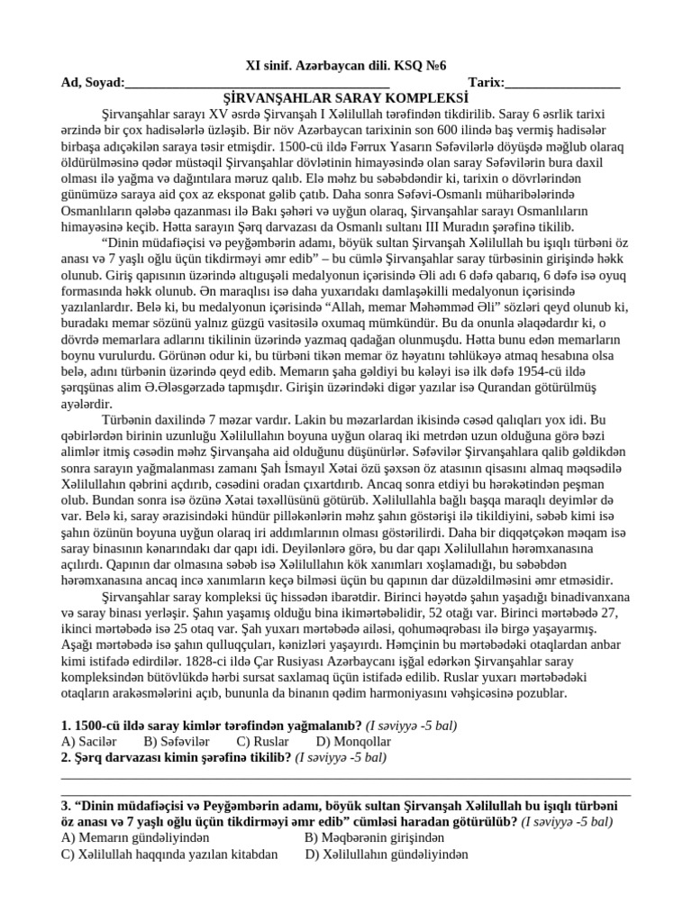 11-Ci Sinif Az Dili Ksq6 | PDF