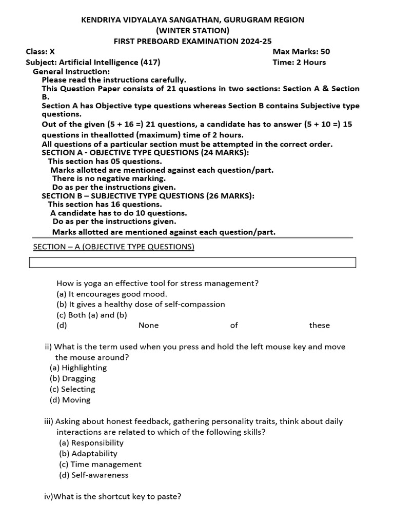 Set-3 - AI - X - QP - PB1 - Winter - 2024 - 25 | PDF | Artificial Intelligence | Intelligence ...