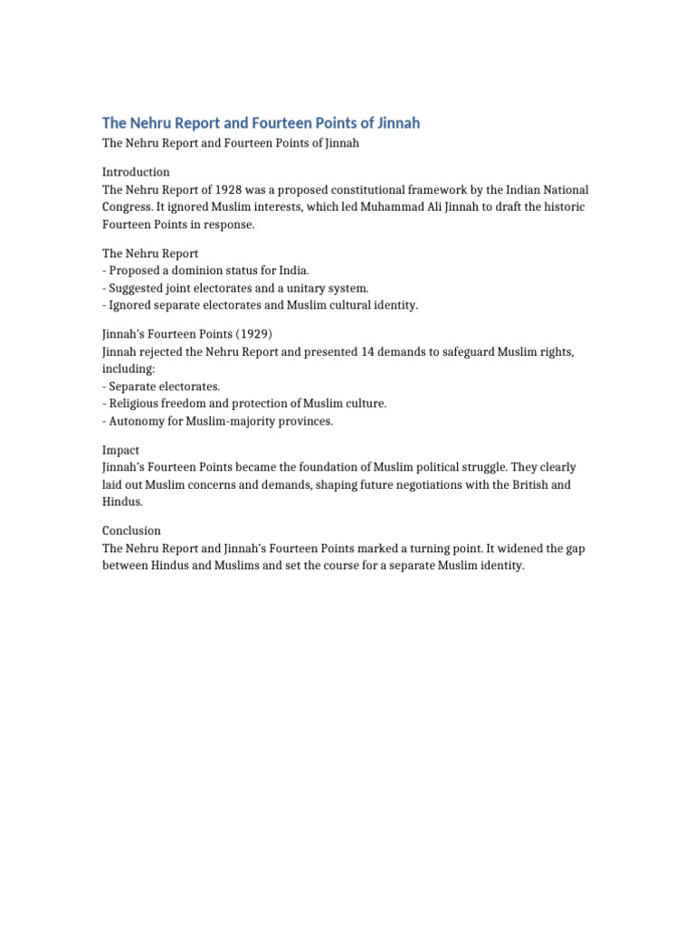 Extra File 3 The Nehru Report and Fourteen Points of Jinnah | PDF