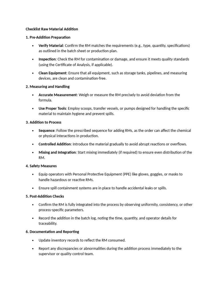 Checklist Raw Material Addition | PDF