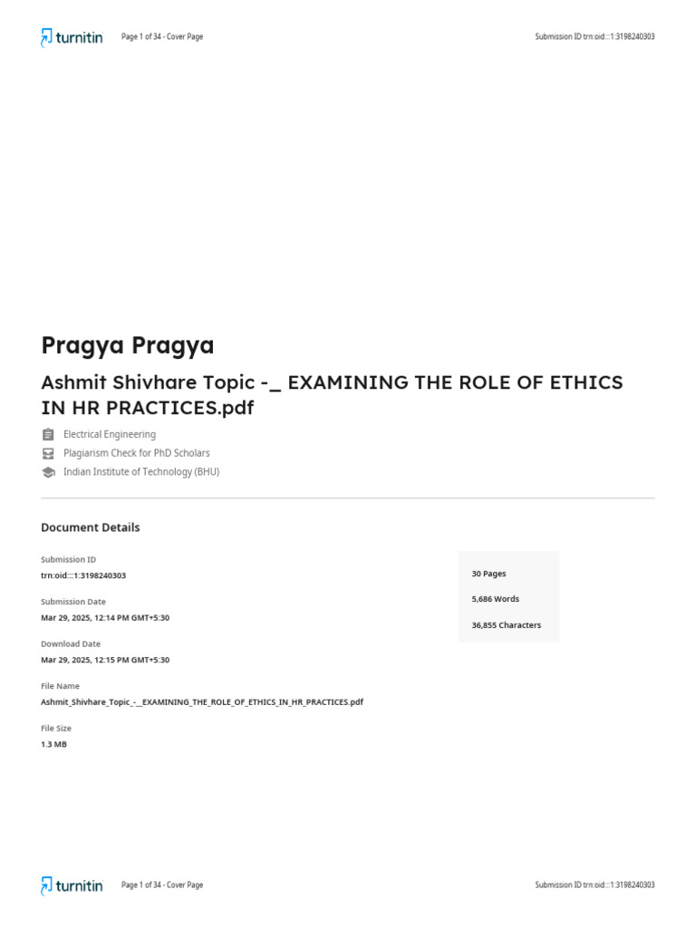 Ashmit Shivhare Topic - EXAMINING THE ROLE OF ETHICS IN HR PRACTICES | PDF | Citation | Written ...