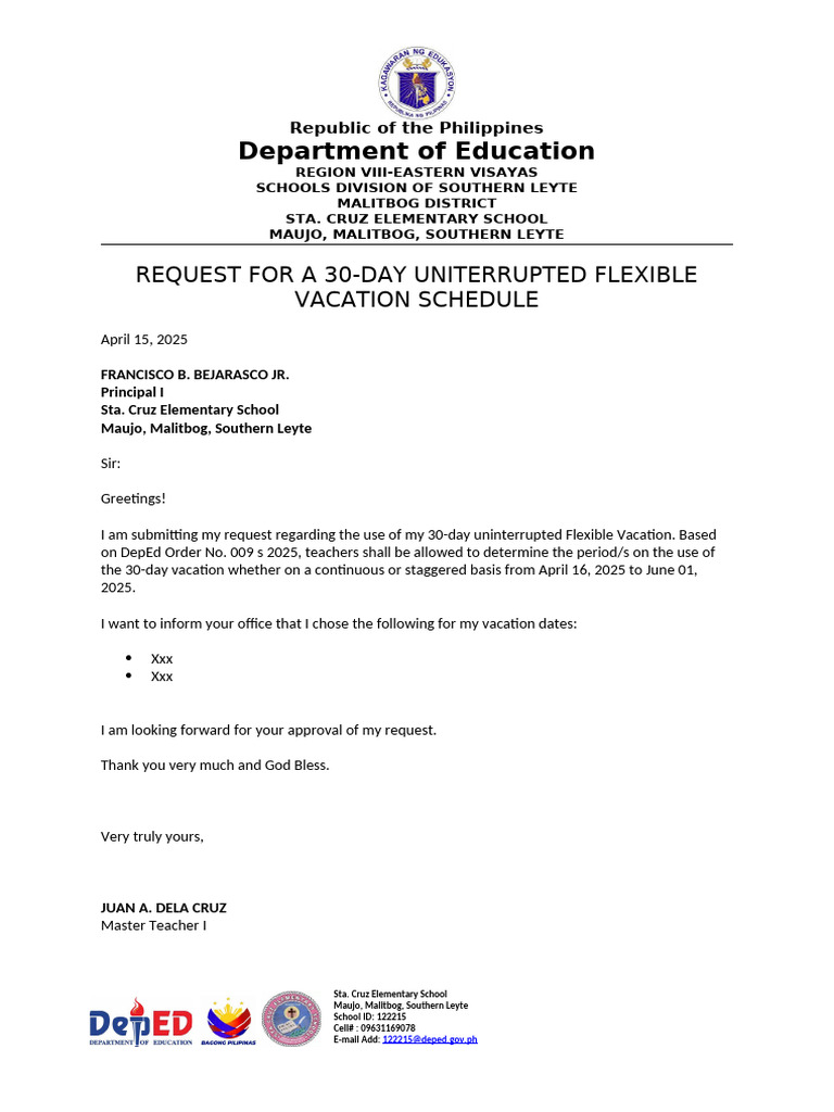 REQUEST-FOR-A-30-DAY-UNINTERRUPTED-FLEXIBLE-VACATION-SCHEDULE | PDF