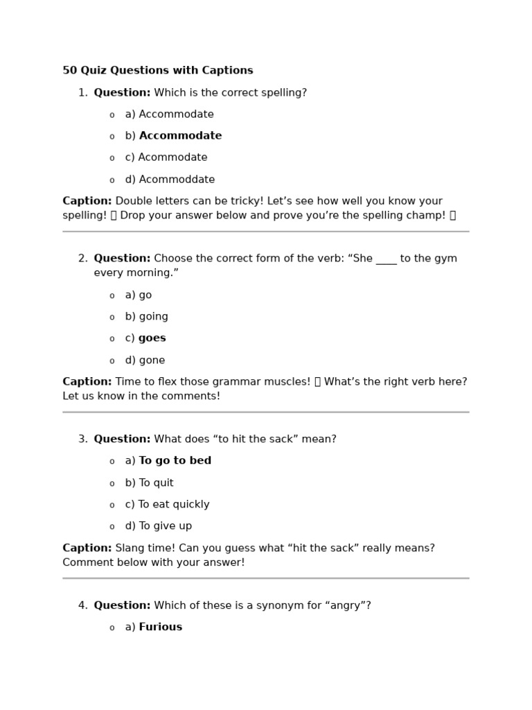 50 Quiz Questions with Captions | PDF | English Language | Question