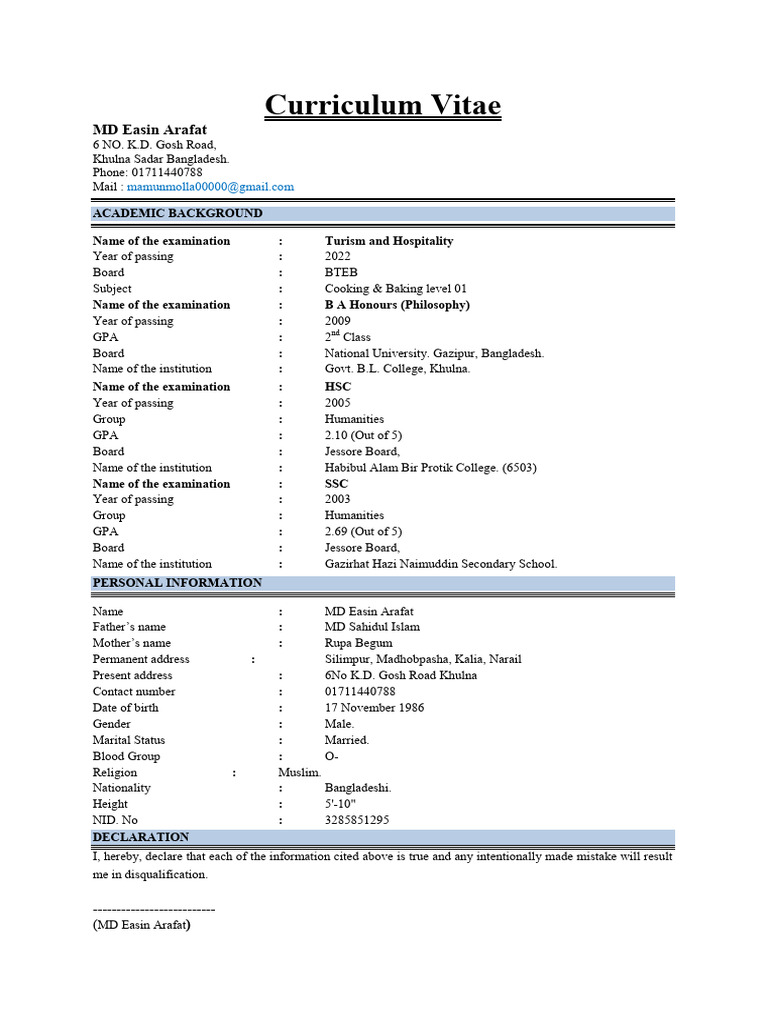 Curriculum Vitae MD Easin Arafat | PDF | Secondary Education | Bangladesh