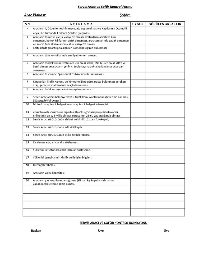 Servis Araci Ve Sofor Kontrol Formu | PDF