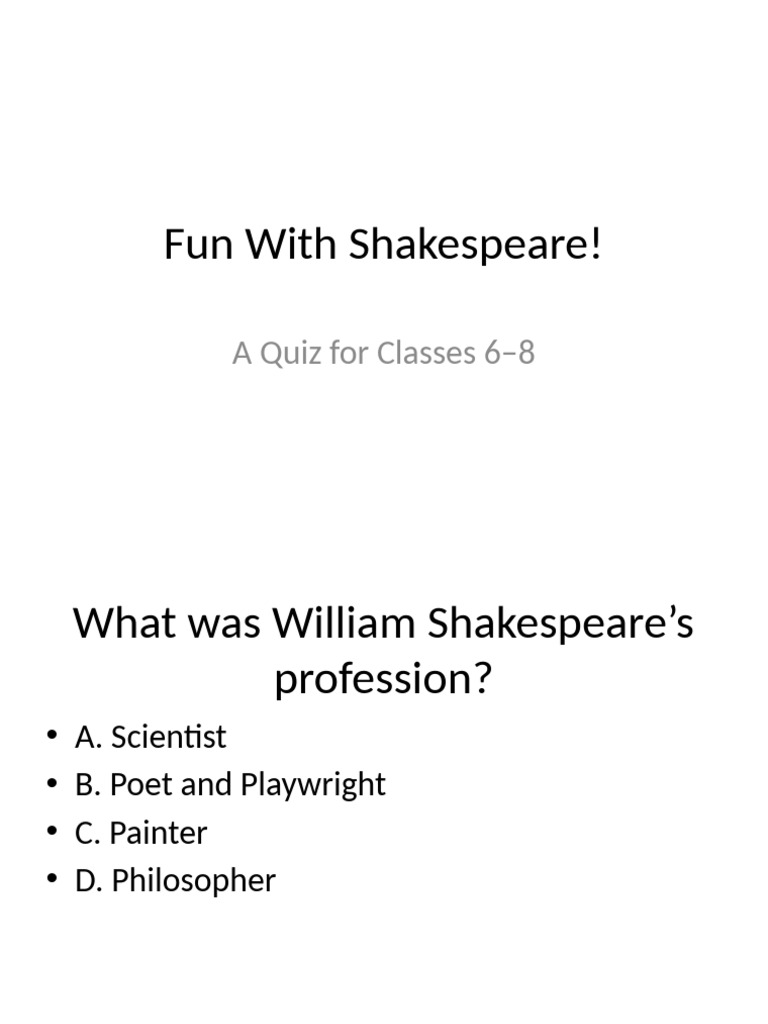 Shakespeare Quiz Class 6 To 8 | PDF