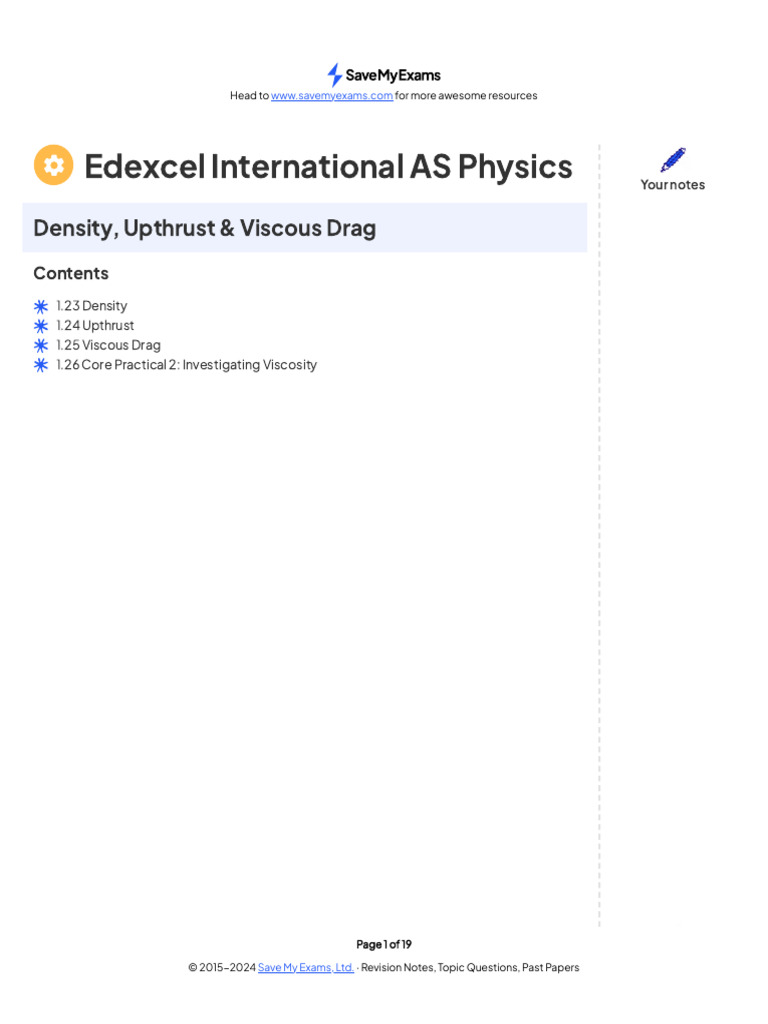 Physics Density, Upthrust, Viscosity Drag | PDF | Buoyancy | Viscosity