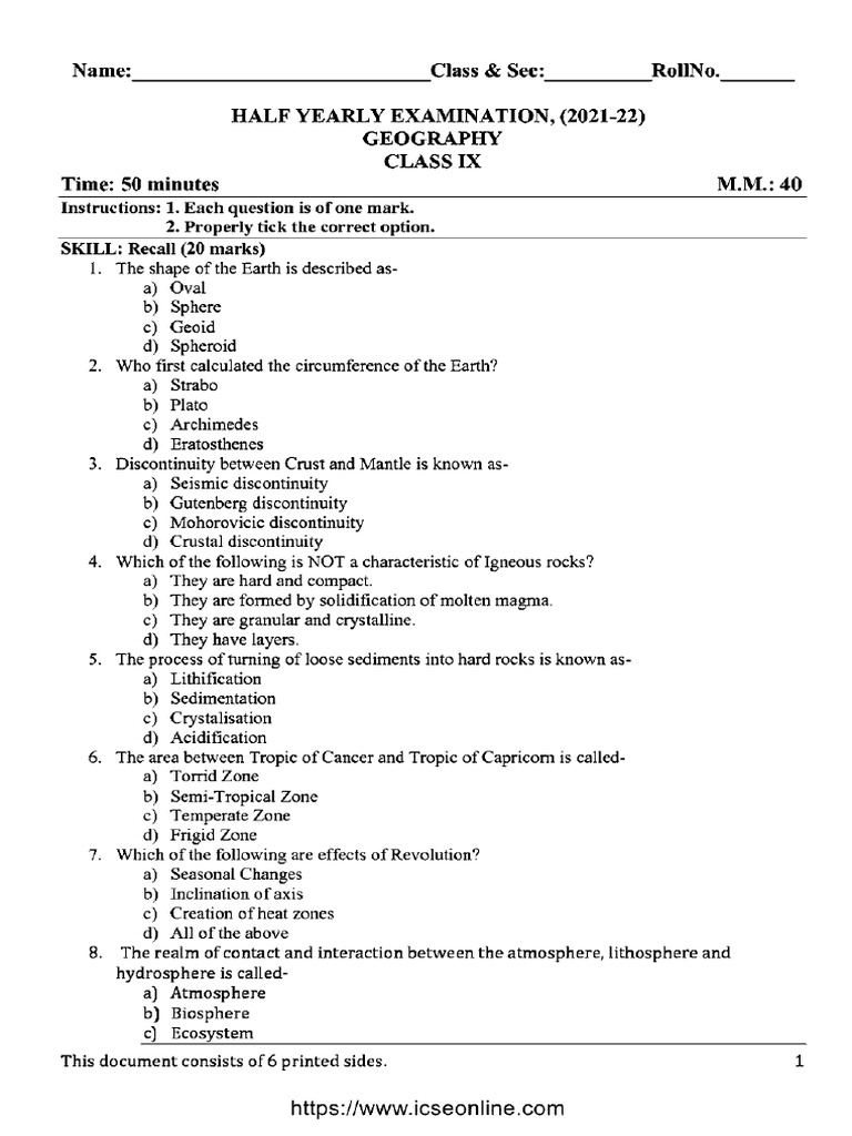 Icse Class 9 Hy Geography v2 080823 2022 | PDF