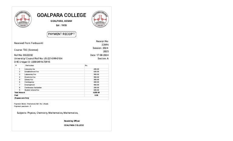 Goalpara College Admission Receipt | PDF