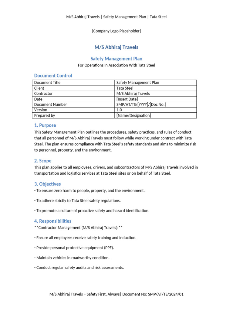 Safety Management Plan Abhiraj Travels | PDF | Safety | Occupational ...