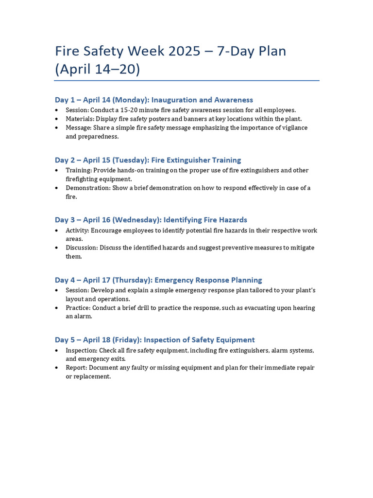 Fire Safety Week 2025 Activities Plan | PDF